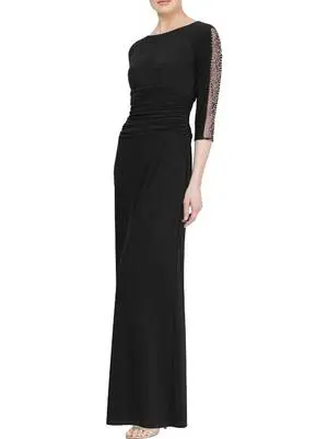 SL FASHIONS Beaded Sleeve Ruched Gown - Black