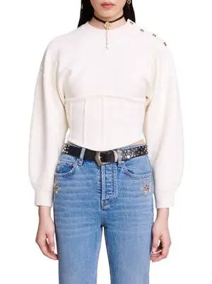Maje Crop Lantern Sleeve Sweater With Corset Detail - Ecru