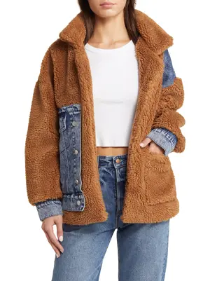 Blanknyc Denim Patchwork Faux Shearling Teddy Coat - Under Wraps