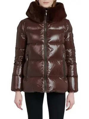 THE RECYCLED PLANET COMPANY Water Resistant Nylon Down Puffer Coat With Faux Fur Trim - Dark Coffee
