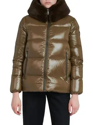 THE RECYCLED PLANET COMPANY Water Resistant Nylon Down Puffer Coat With Faux Fur Trim - Olive