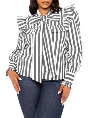 BUXOM COUTURE Stripe Ruffle Bow Neck Shirt - Black
