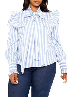 BUXOM COUTURE BUXOM COUTURE Stripe Ruffle Bow Neck Shirt Blue