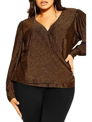 City Chic Shimmer Knit Faux Wrap Top - Bronze