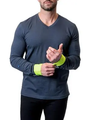 MACEOO Edison Neoncuff V-neck Long Sleeve T-shirt - Blue