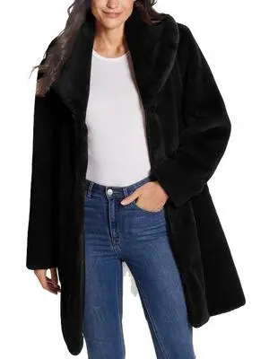 Gallery Faux Fur Coat With Shawl Collar - Black
