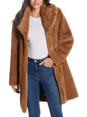 Gallery Faux Fur Coat With Shawl Collar - Cognac