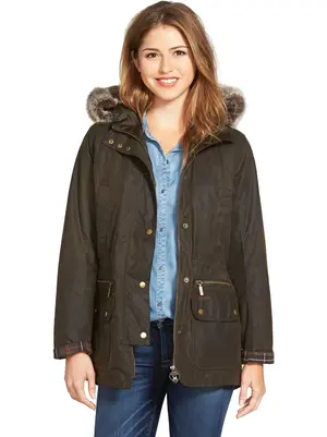 Barbour Kelsall Waxed Cotton Parka With Faux Fur And Faux Shearling Trim - Olive