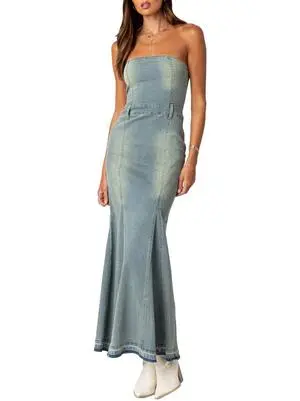 EDIKTED Astoria Strapless Denim Maxi Dress - Blue-washed