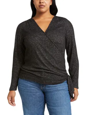 Loveappella Wrap Front Side Tie Knit Top Black