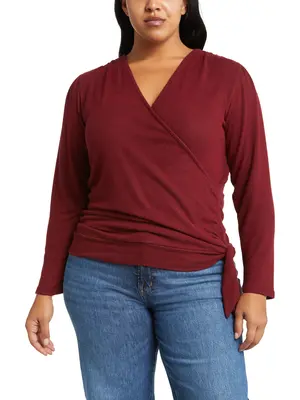 Loveappella Wrap Front Side Tie Knit Top Burgundy