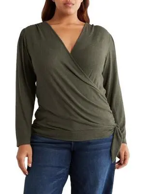 Loveappella Wrap Front Side Tie Knit Top - Olive