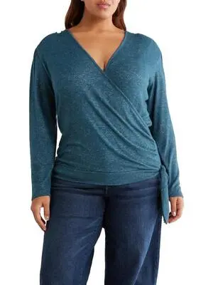 Loveappella Wrap Front Side Tie Knit Top - Teal