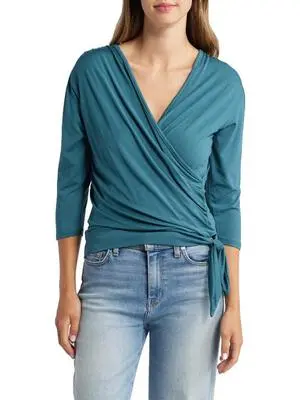 Loveappella Faux-wrap Knit Top - Dark Teal