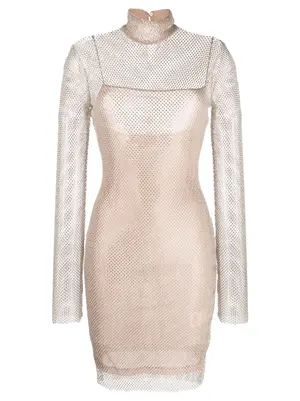 GENNY Rhinestoned High-neck Mini Dress - Neutrals