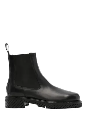 Off-White Round-toe Leather Ankle Boots - Black