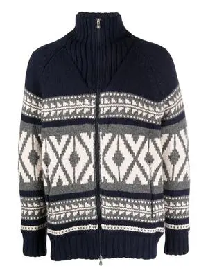 Brunello Cucinelli Brunello Cucinelli Argyle-Check Zipped Cardigan Blue