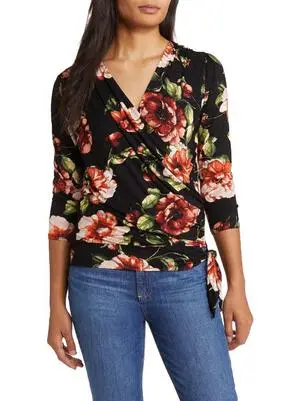 Loveappella Faux Tie Wrap Top - Black/rust