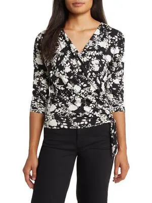 Loveappella Faux Tie Wrap Top - Black/ivory