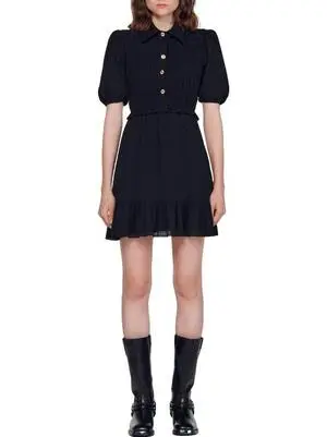 SANDRO Smocked Puff Sleeve Mini Dress