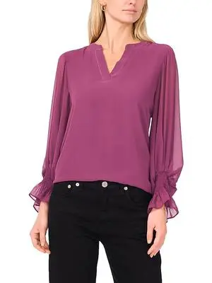 Vince Camuto V Neck Sheer Sleeve Top Sweet Plum