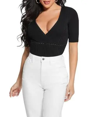 Guess Rib Short Sleeve Surplice Sweater - Black