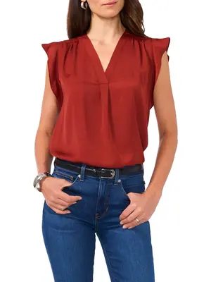 Vince Camuto Vince Camuto Ruffle Sleeve Satin Top Fired Brick