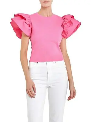 English Factory Mix Media Ruffle Sleeve Top - Pink