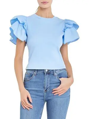 English Factory Mix Media Ruffle Sleeve Top - Powder Blue
