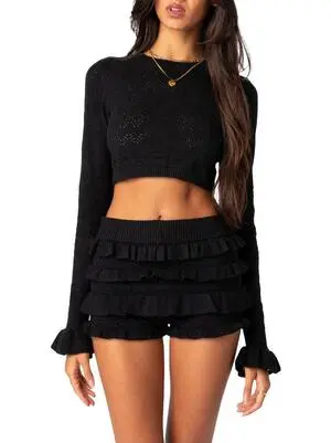EDIKTED Delana Ruffle Cuff Pointelle Crop Sweater - Black