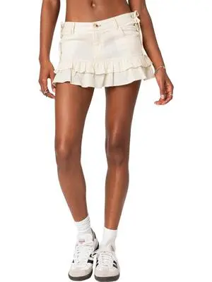 EDIKTED Ruffle Denim Miniskirt - Off-white