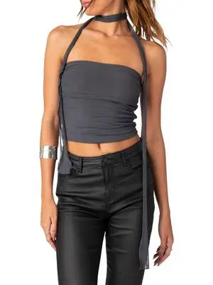 EDIKTED Gathered Strapless Crop Top With Scarf - Dark-gray