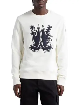 Moncler Cotton Crewneck Sweatshirt With Hockey Appliqu - Bright White