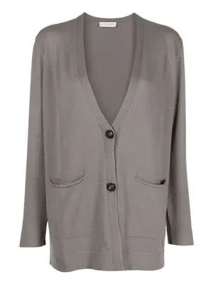 LE TRICOT PERUGIA V-neck Fine-ribbed Cardigan - Grey