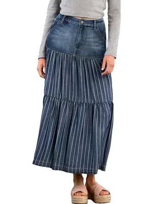 WASH LAB DENIM Contrast Tiered Maxi Skirt - Indigo Stripes
