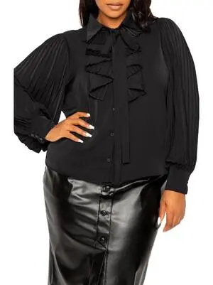 BUXOM COUTURE Tie Neck Pleated Sleeve Blouse - Black