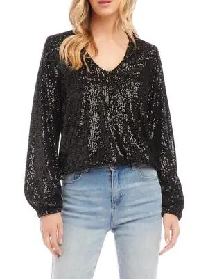Karen Kane Sequin Top With Blouson Sleeves - Black