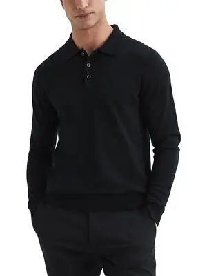 REISS Trafford Merino Wool Slim Fit Long Sleeve Polo Shirt - Black