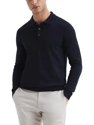 REISS Trafford Merino Wool Slim Fit Long Sleeve Polo Shirt - Navy