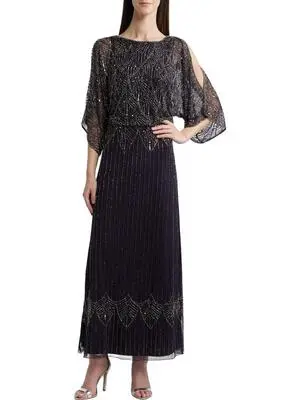 Pisarro Nights Pisarro Nights Beaded Cold Shoulder Blouson Cocktail Dress Eggplant