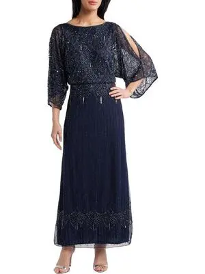 Pisarro Nights Pisarro Nights Beaded Cold Shoulder Blouson Cocktail Dress Navy