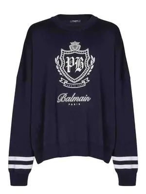 Balmain Round Neck Merino Wool Sweater - Navy Blue