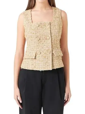 Endless Rose Sleeveless Double Breasted Tweed Top - Gold