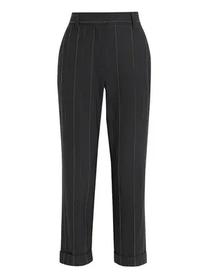 Brunello Cucinelli Striped Wool-blend Straight-leg Pants With Bead Embellishment - Black