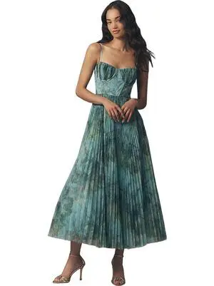 HUTCH Amara Corset Pleated Tulle Fit & Flare Midi Dress - Blue Pattern