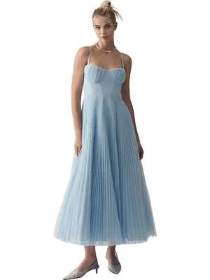 HUTCH Amara Corset Pleated Tulle Fit & Flare Midi Dress - Light Blue