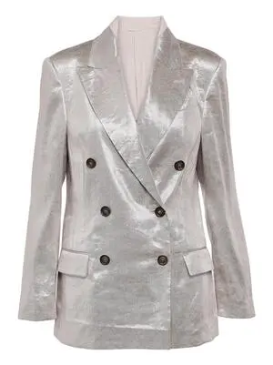 Brunello Cucinelli Double-breasted Metallic Linen-blend Blazer - Silver