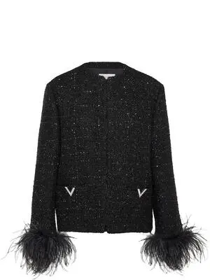 Valentino Garavani Feather-trimmed Tweed Jacket - Black