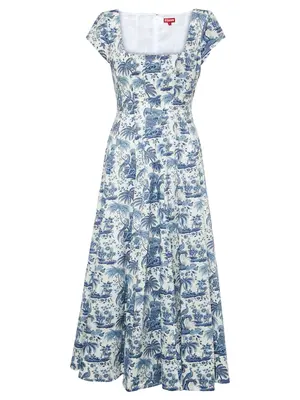 Staud Wells Floral Cotton Midi Dress - Blue