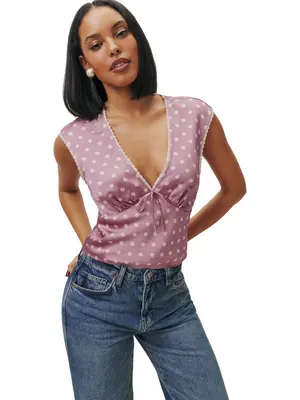 REFORMATION Cherry Silk Top Mauve Dot